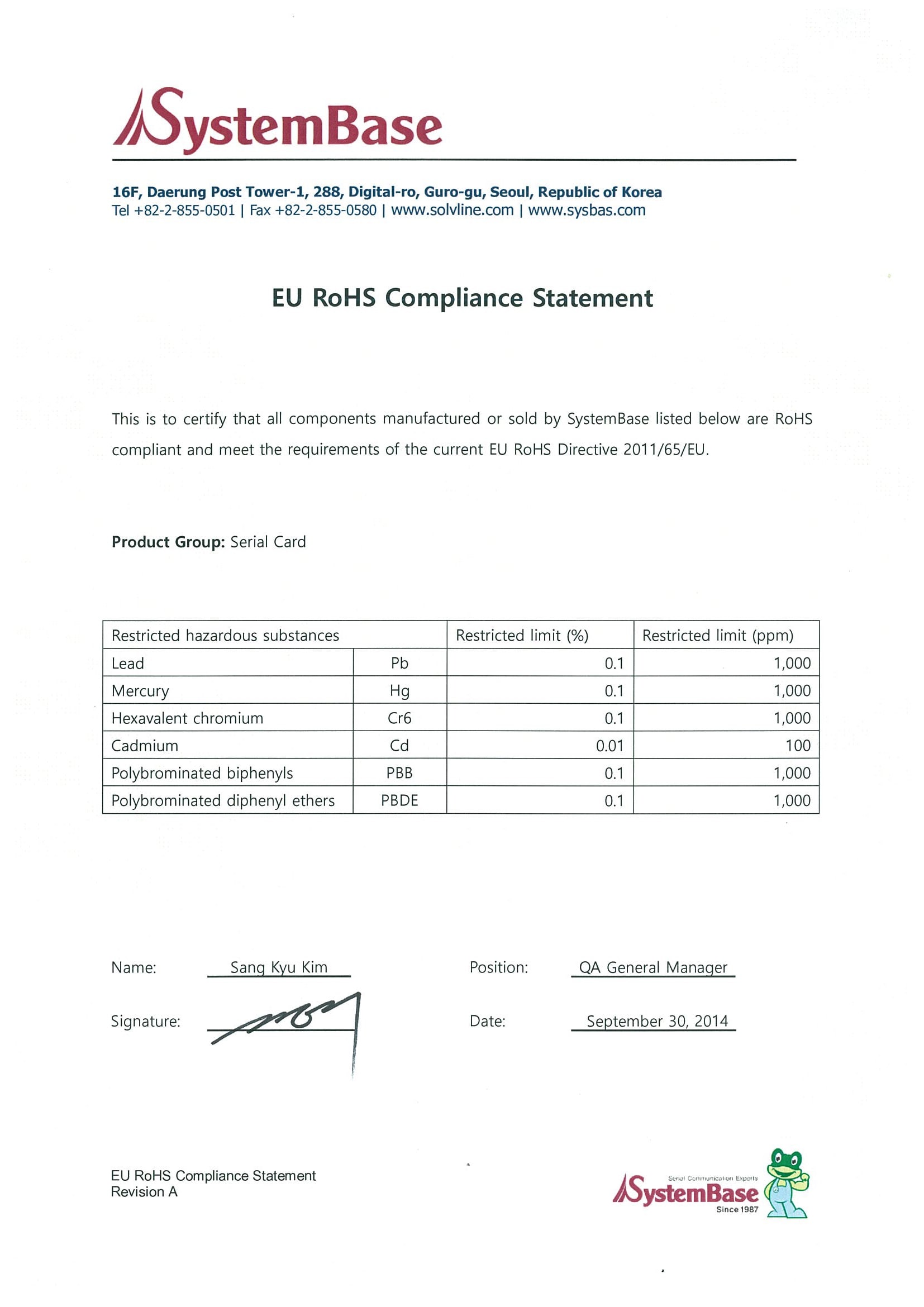 RoHS Statement 시리얼 카드 – SystemBase