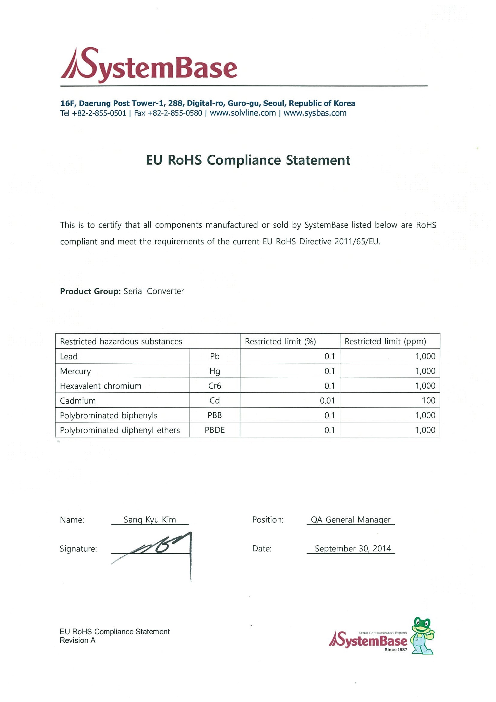 RoHS Statement 시리얼 컨버터 – SystemBase